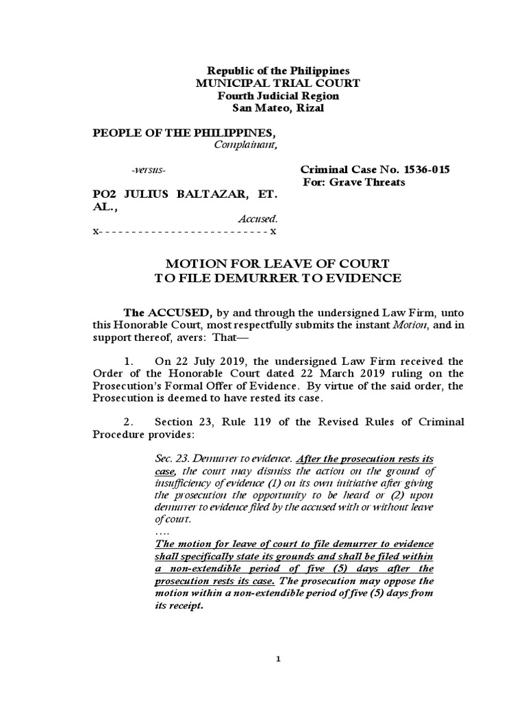 Motion For Leave To File Demurrer | PDF | Demurrer | Witness