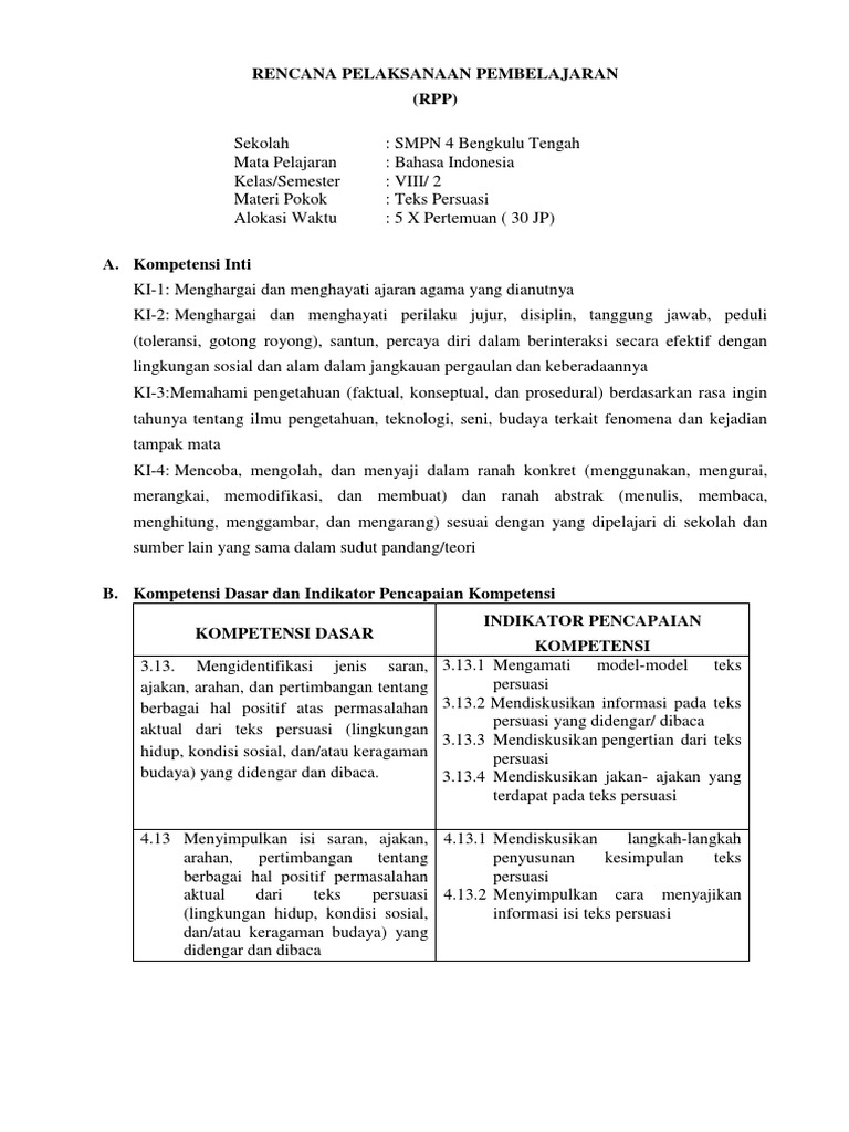 RPP Teks Persuasi Kelas Viii Semester 2 | PDF