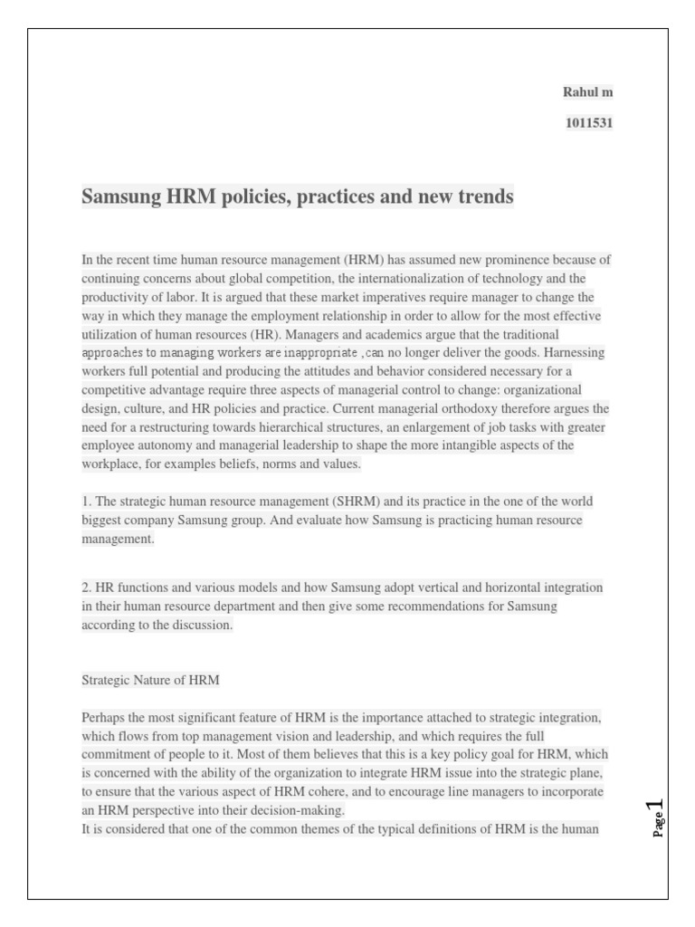 Samsung HRM Policies, Practices and New Trends: Rahul M 1011531 ...