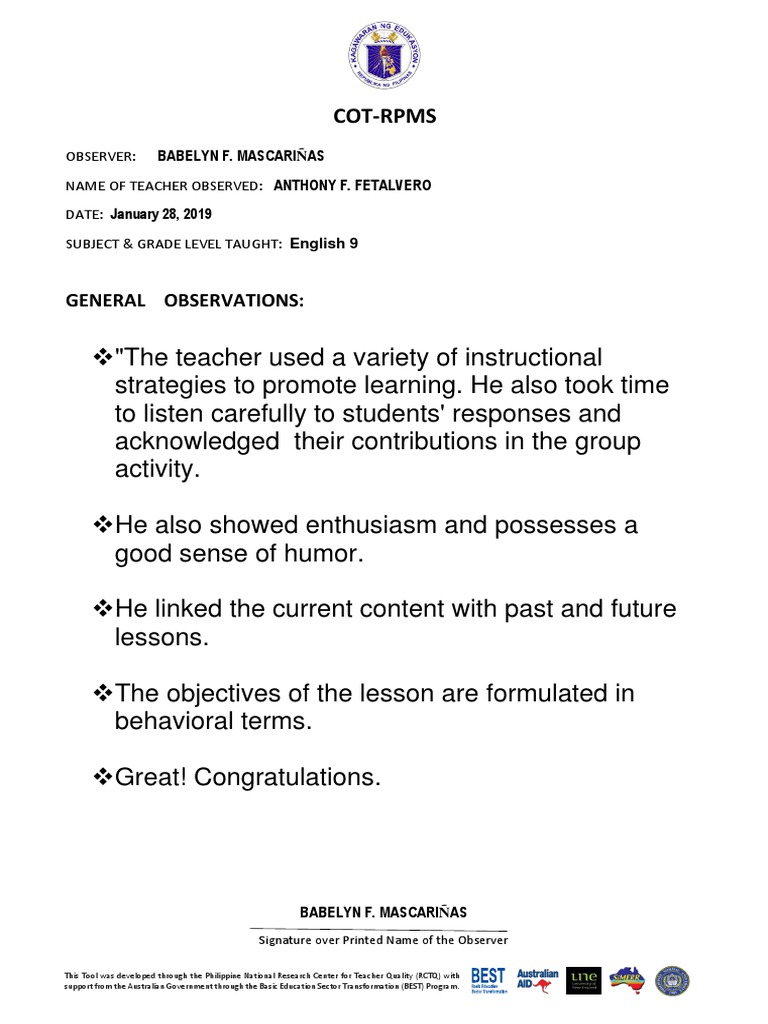 Cot Teacher I-III | PDF | Teachers | Learning