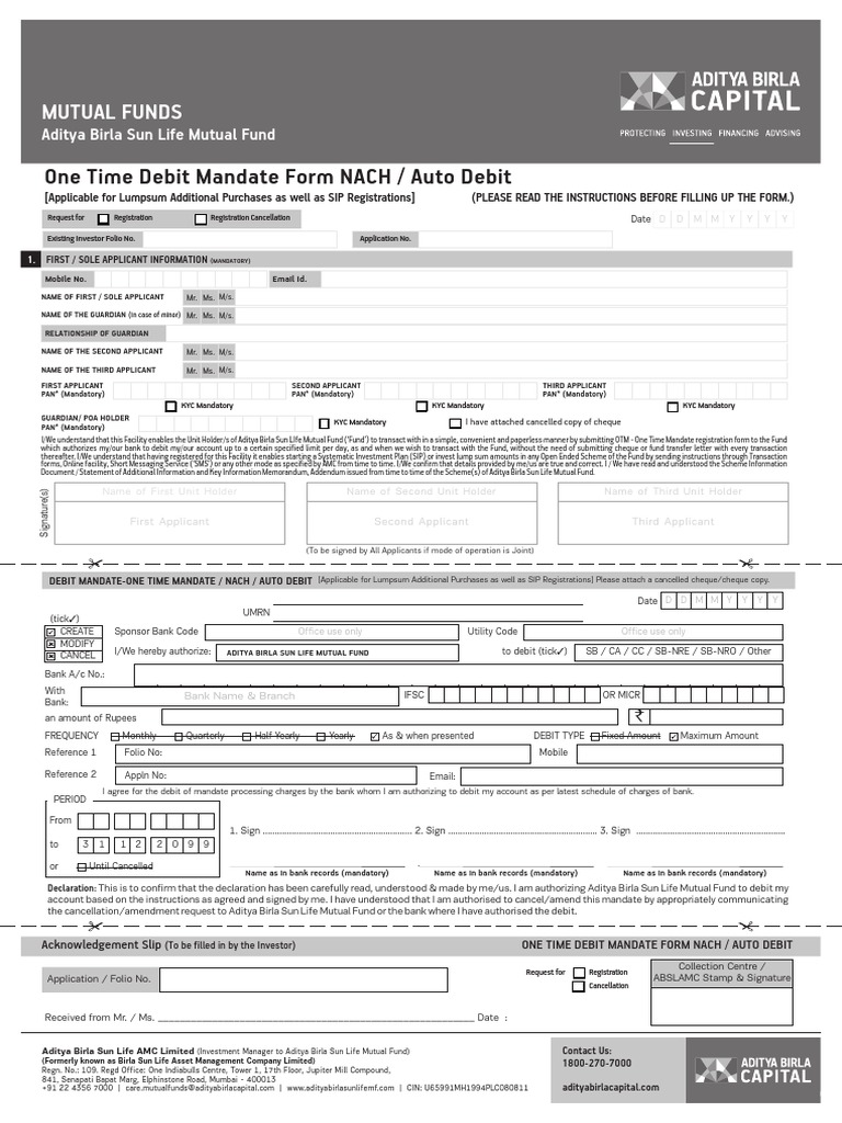 One Time Debit Mandate Form NACH / Auto Debit: Mutual Funds | PDF | Cheque | Debit Card