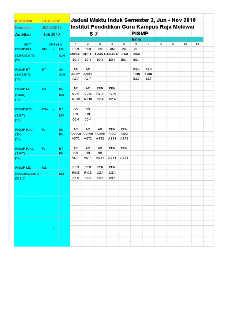 Jadual Waktu Induk Semester 2, Jun - Nov 2016 Institut Pendidikan Guru ...