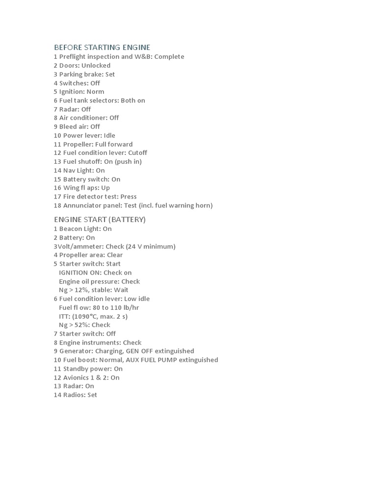 Pre-flight, Engine Start, Taxi, and Takeoff Checklist for Twin-Engine ...