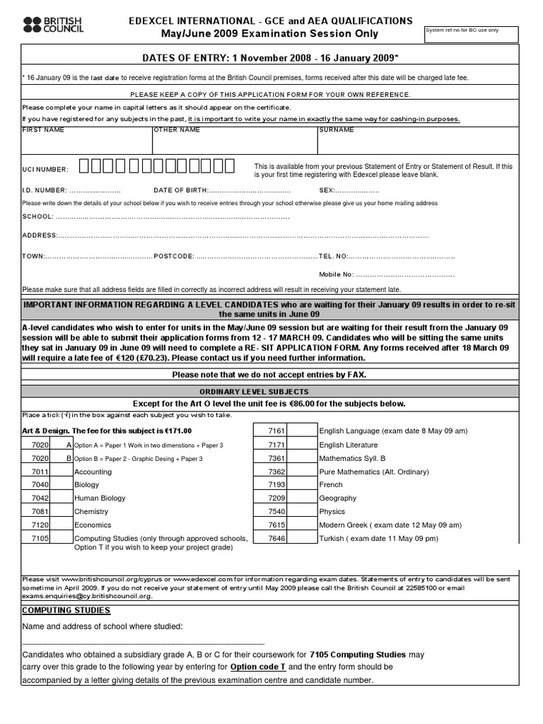 Edexcel G.C.E Registration Form May-June 2009 PDF | PDF | Gce Advanced ...