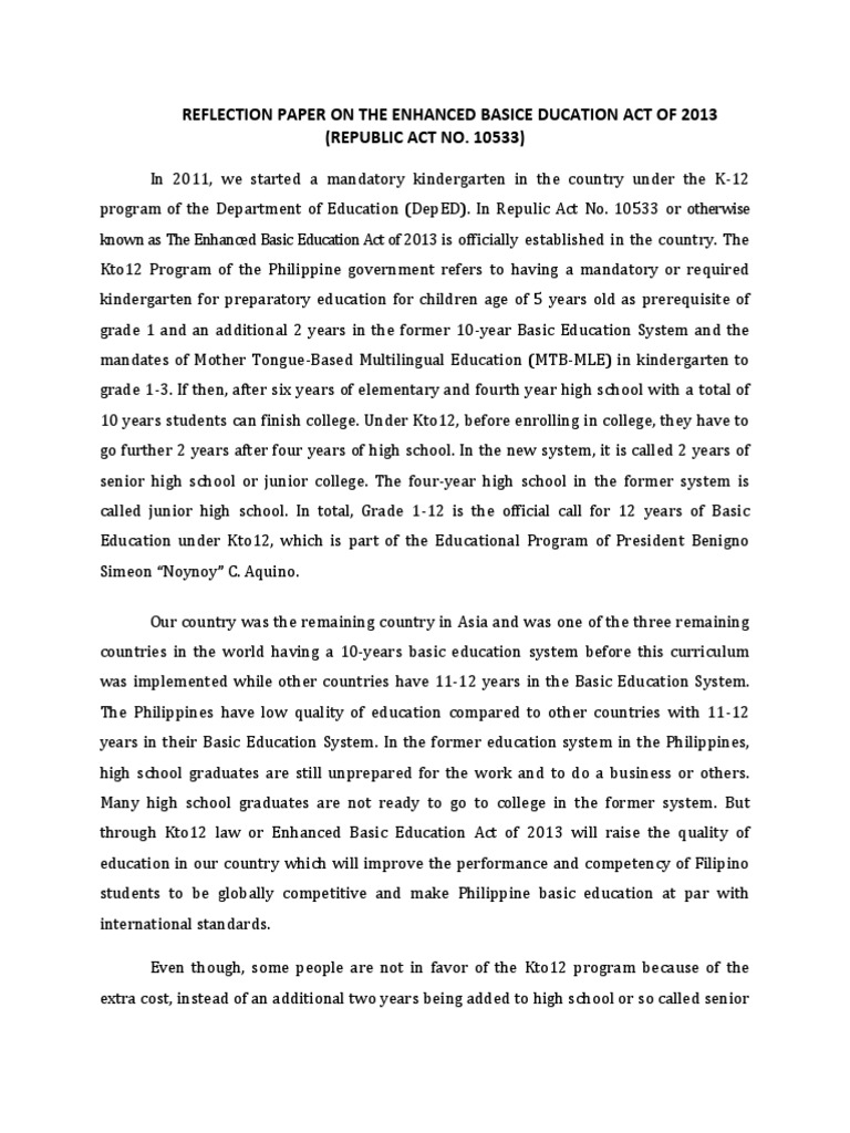 Reflection Paper On The Enhanced Basice Ducation Act of 2013 (REPUBLIC ...