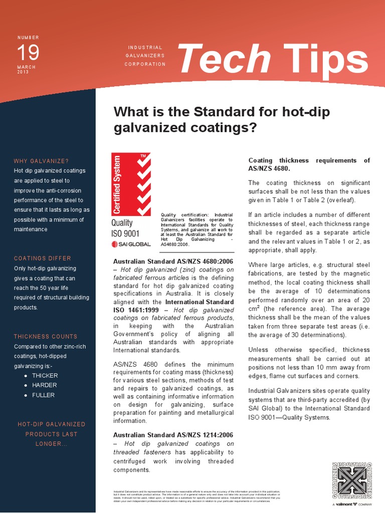 Tech Tips 19 The Standard For Hot Dip Galvanized Coatings | PDF | Galvanization | Metals