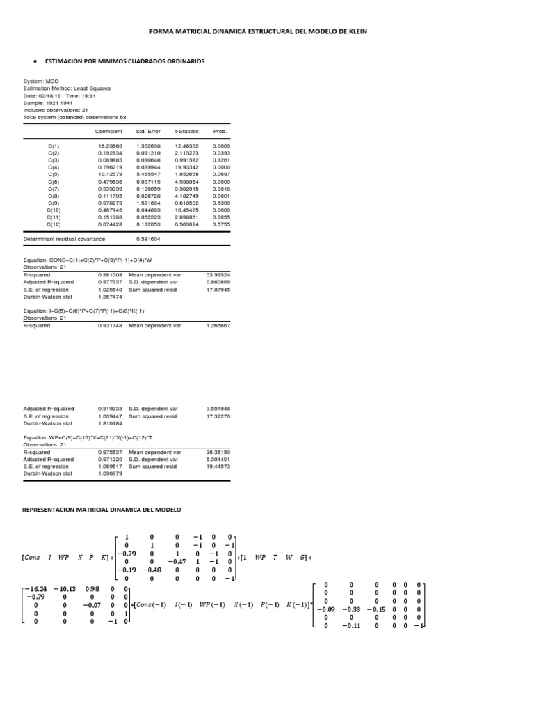 Forma Matricial Dinamica Estructural Del Modelo de Klein: Estimacion ...