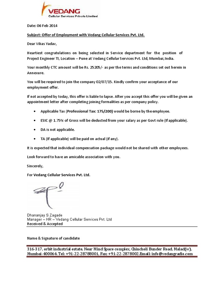 Employment Offer for Vikas Yadav | PDF | Finance & Money Management