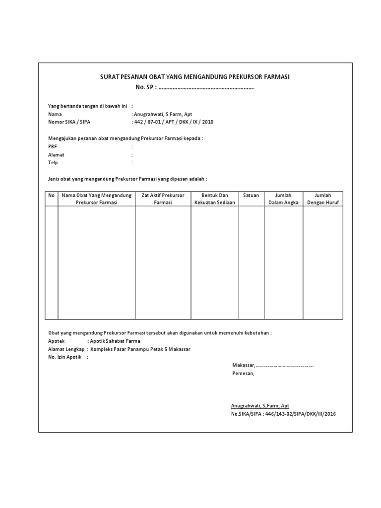 Surat Pesanan Obat Yang Mengandung Prekursor Farmasi | PDF
