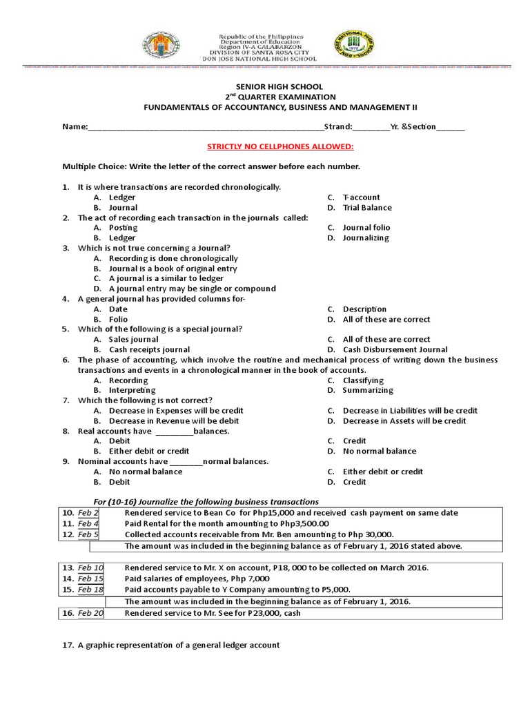 FABM 2nd Quarter Exam | PDF | Debits And Credits | Deposit Account