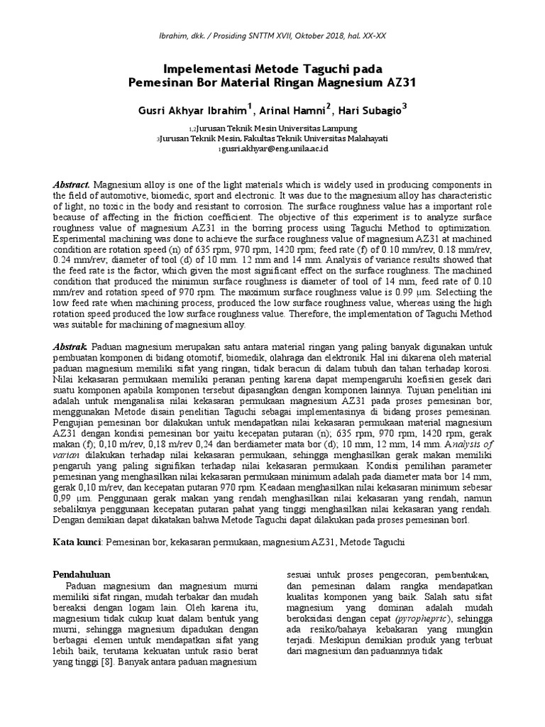 Impelementasi Metode Taguchi Pada Pemesinan Bor Material Ringan ...