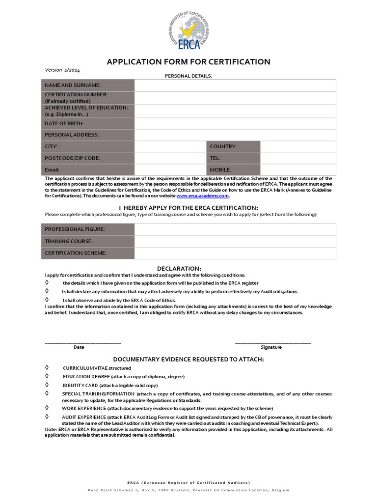 ERCA Certification Application Form | PDF | Certification | Audit