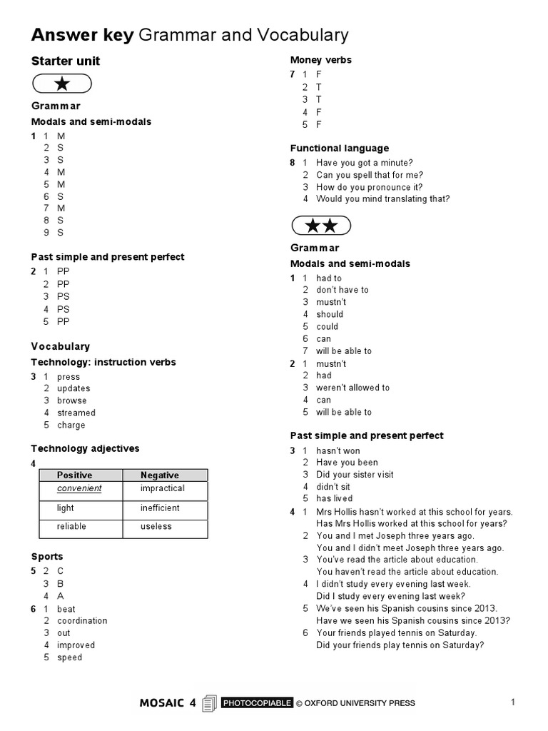 Answer Key Grammar and Vocabulary: Starter Unit | PDF | Grammar ...