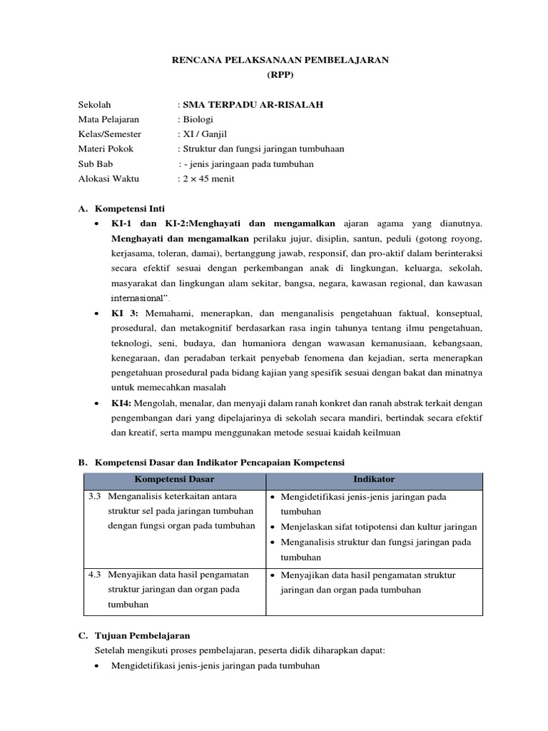 RPP Bab 2 PBL Jaringan Tumbuhan | PDF