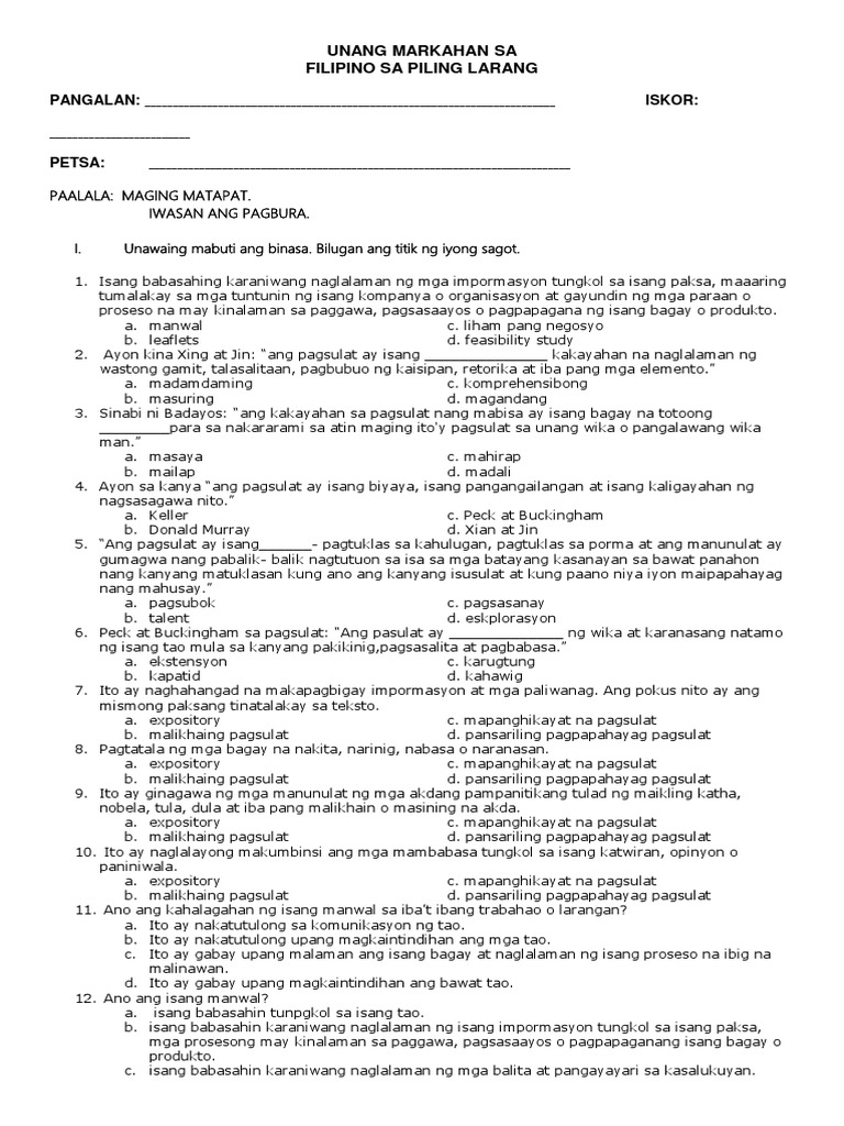 Filipino Sa Piling Larang Midterm | PDF
