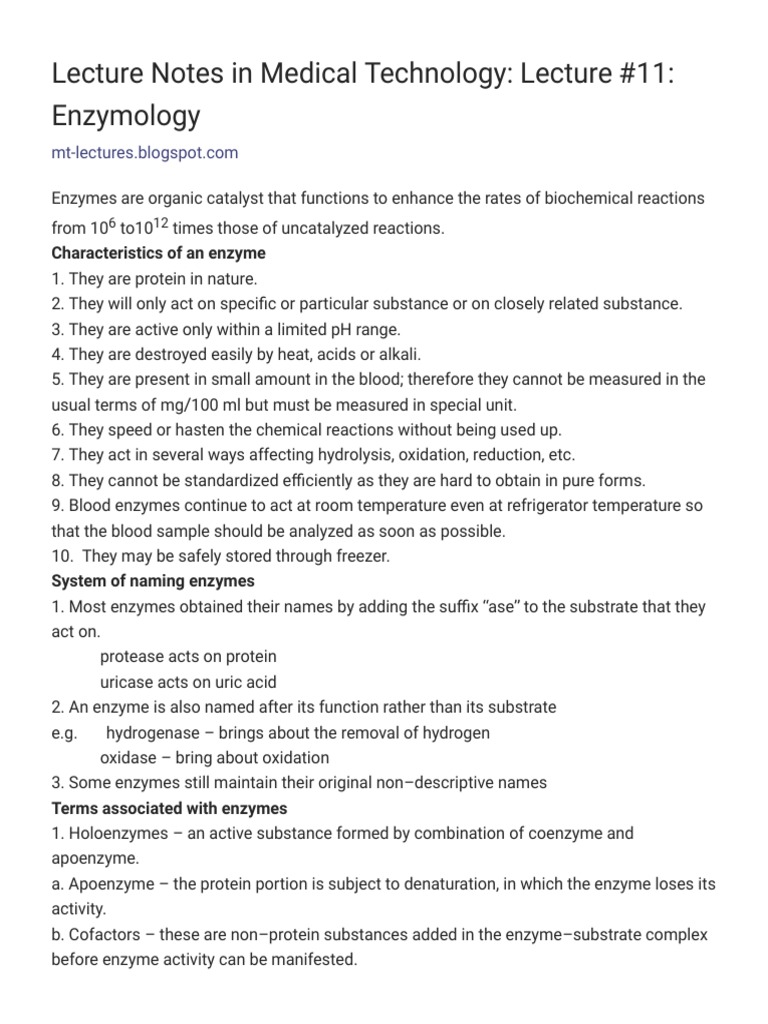 Lecture Notes in Medical Technology - Lecture #11 - Enzymology | PDF ...