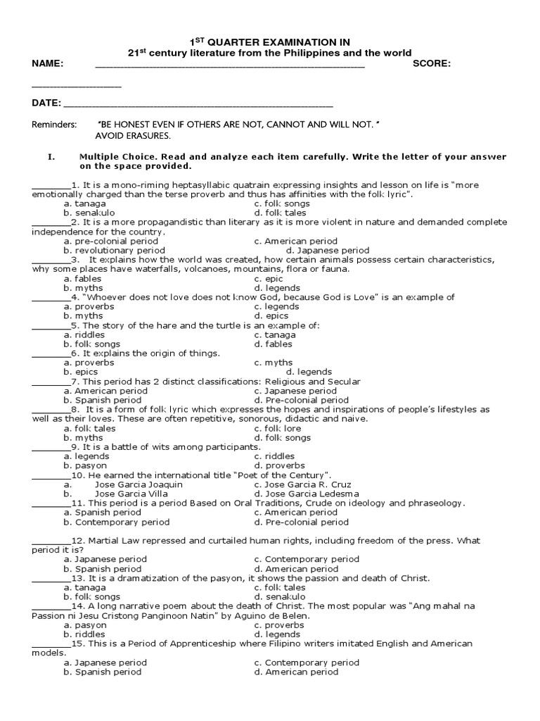 Midterm Exam: Philippine Literature | PDF | Genre | Poetry