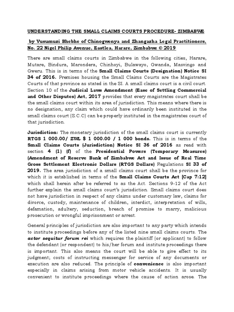 Understanding The Small Claims Courts Procedure-ZIMBABWE by Vusumuzi Bhebhe | PDF | Summons ...