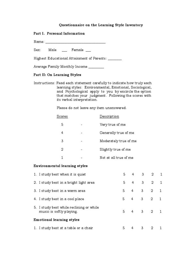 Questionnaire On The Learning Style Inventory Part I. Personal ...