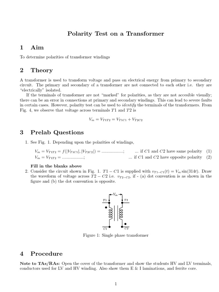 Polarity Test On A Transformer 1 Aim: M T1T2 T 1C1 T 2C2 | Download ...
