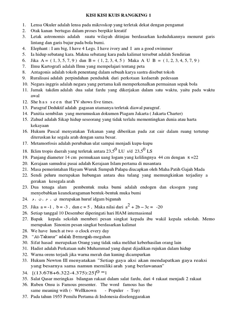 Kisi Kisi Kuis Rangking 1 | PDF