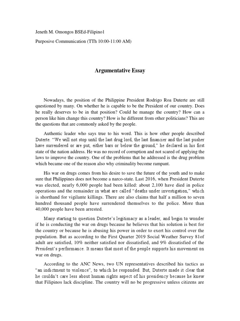 Argumentative Essay | PDF | Rodrigo Duterte | Applied Ethics