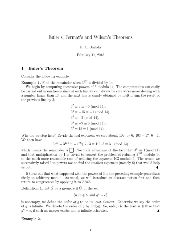 Euler's, Fermat's and Wilson's Theorems | PDF | Group (Mathematics ...