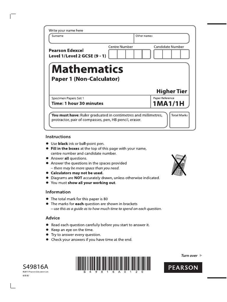 GCSE Maths Edexcel Specimen 1 Non-Calculator (Paper 1) | PDF