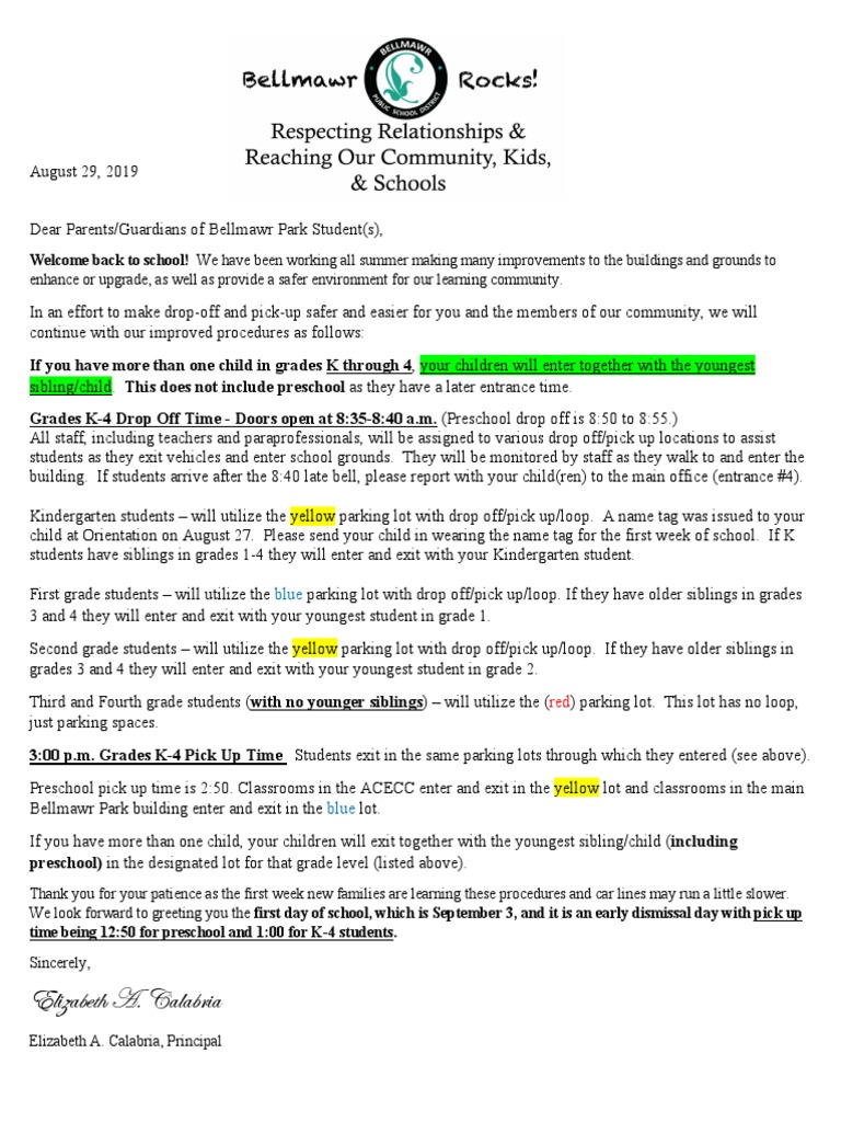 Drop Off-Pick Up Letter To Parents 2019 | PDF | Kindergarten | School Types