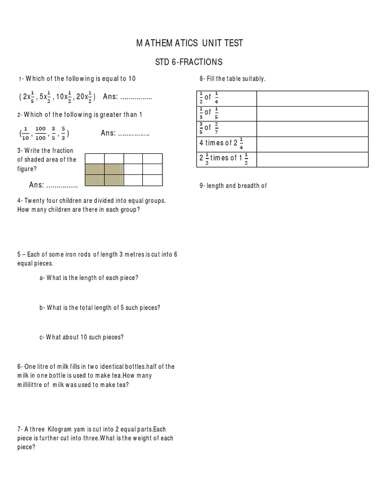 Grade 6 Fractions Unit Test | PDF