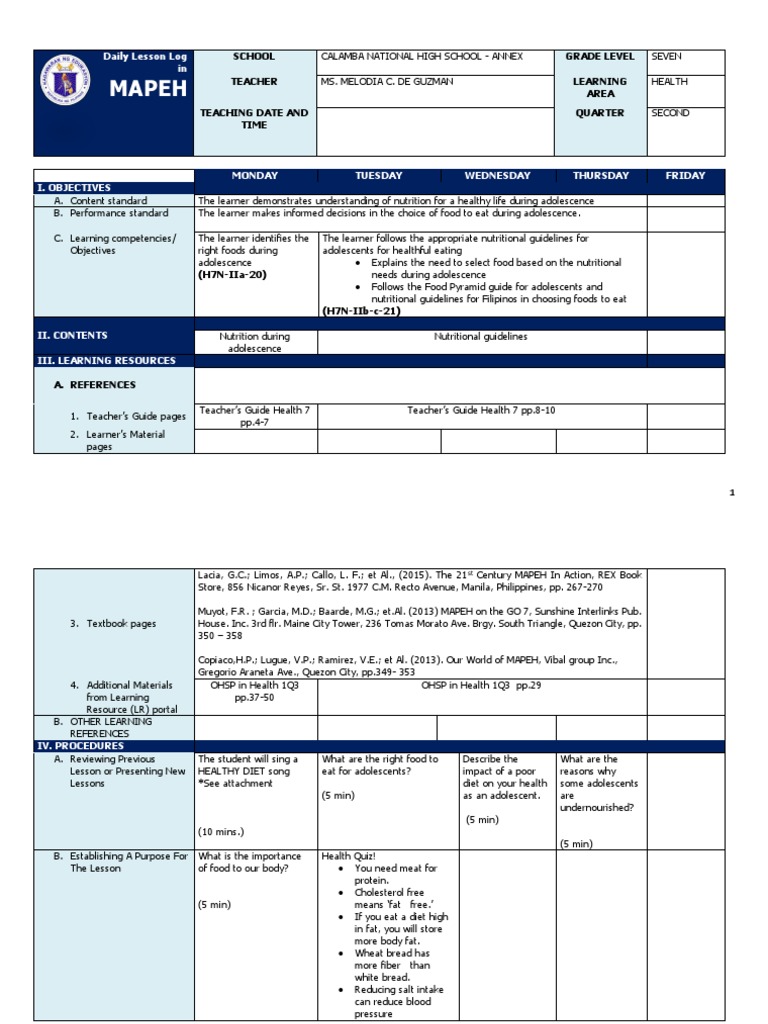q2 Grade 7 Health DLL Week 1 | PDF | Nutrition | Diet & Nutrition