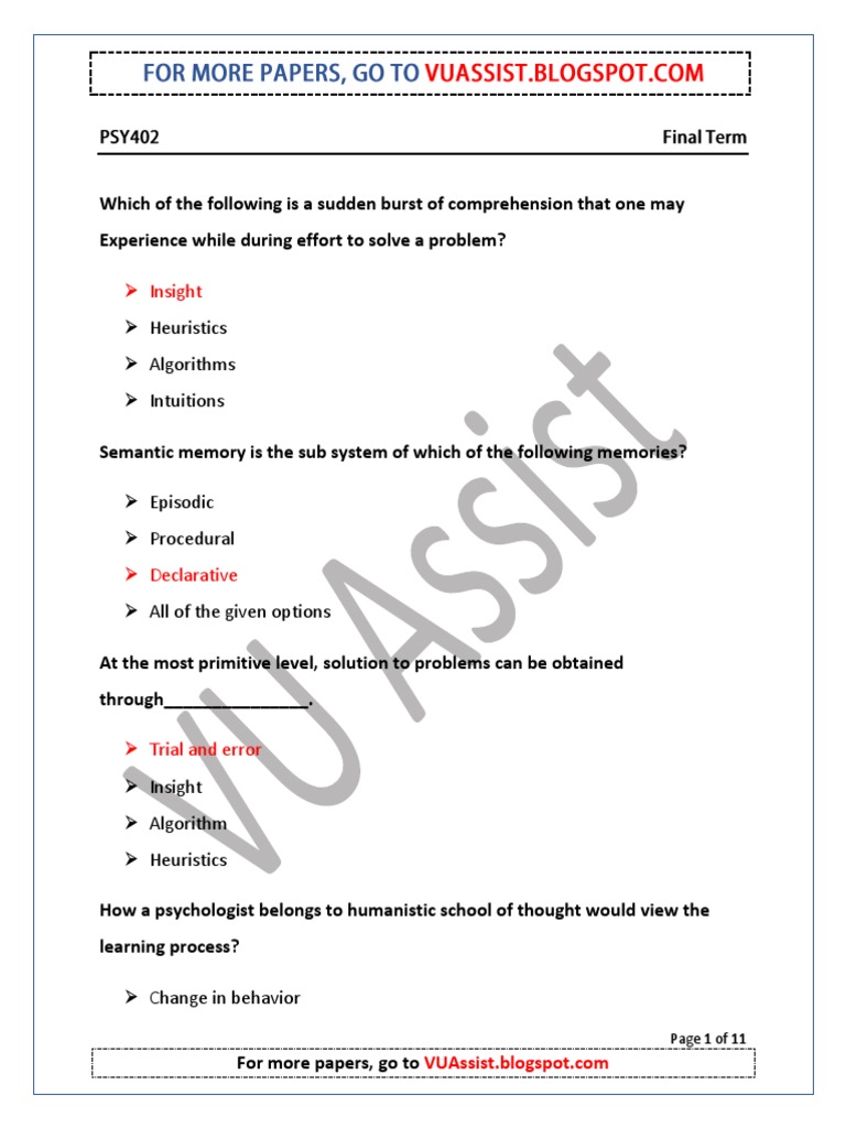 PSY402 Final Term Past Paper 1 | PDF | Psychophysics | Cognition