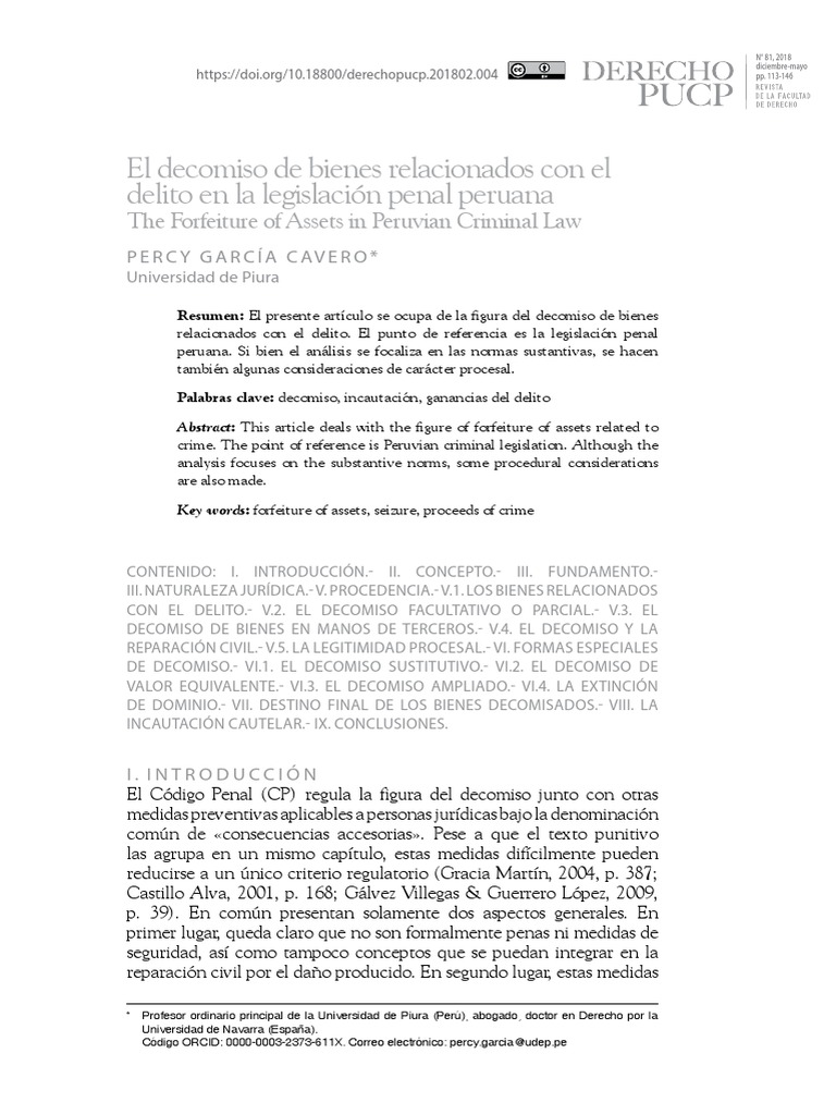 Decomiso de Bienes en Derecho Penal Peruano | PDF | Derecho penal | Ley ...