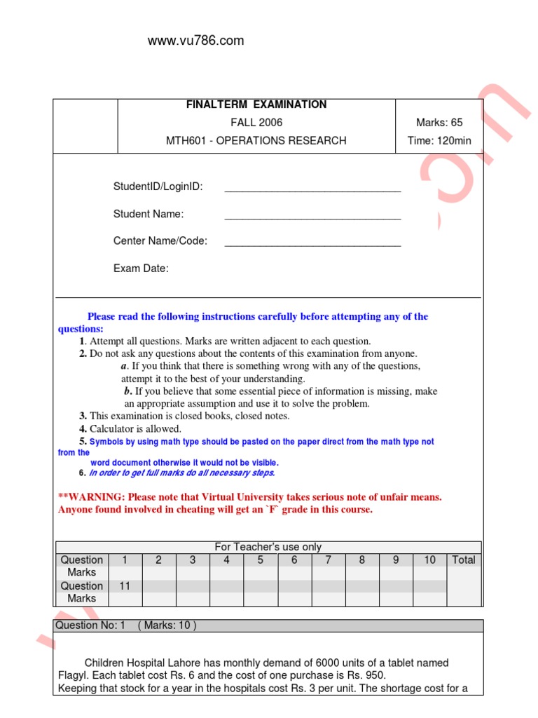 MTH601 Operations Research Final Exam | PDF | Test (Assessment ...