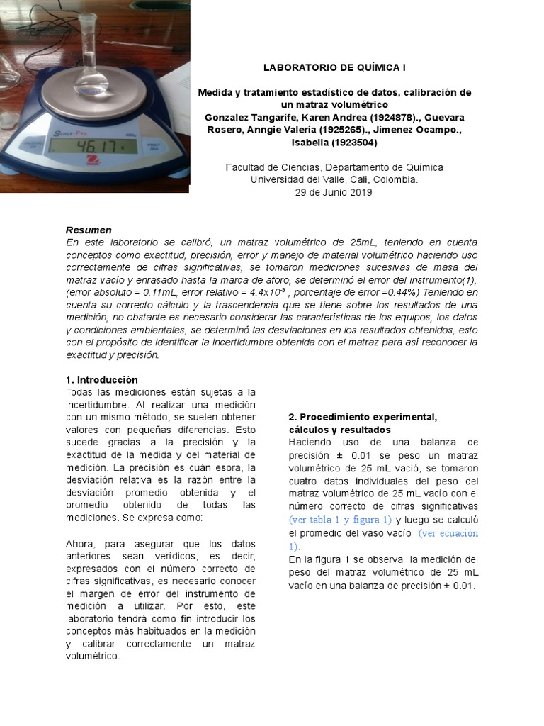 Calibración de Un Matraz VolumetricoUnivalle | PDF | Medición | Calibración