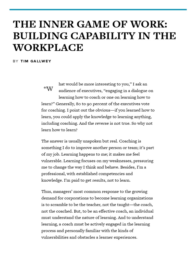 The Inner Game of Work: Building Capability in The Workplace | PDF ...