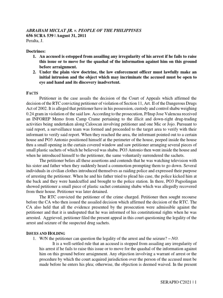 (Miclat v. People) (Serapio) c2021 | PDF | Arrest | Search Warrant