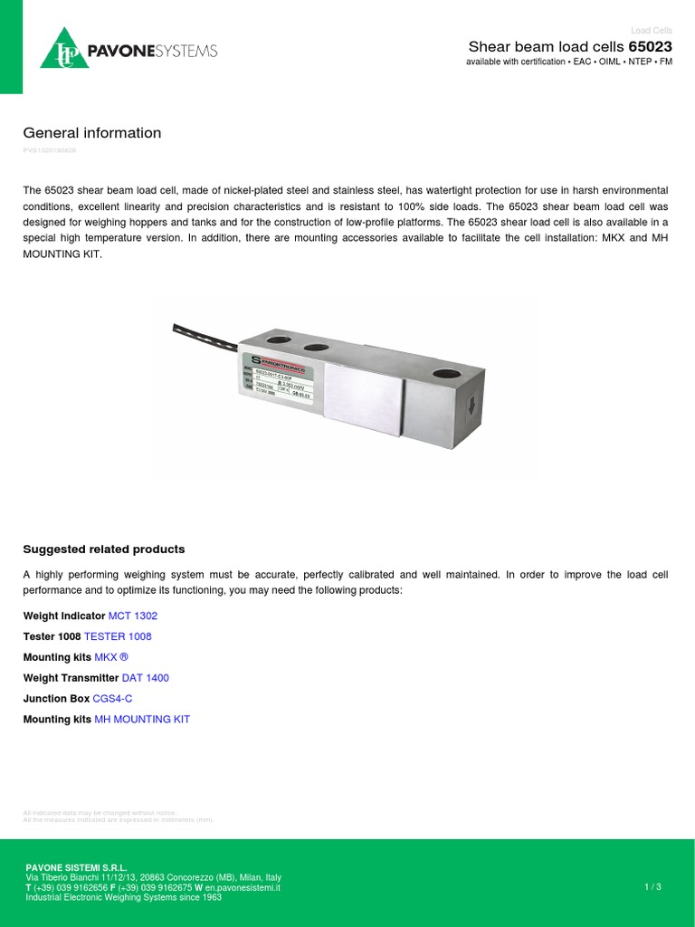 Technical Specifications Pavone Systems 65023 | PDF | Equipment ...