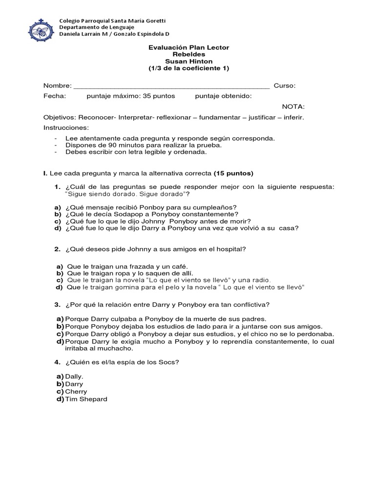 Evaluación Plan Lector 8 Basico Rebeldes | PDF