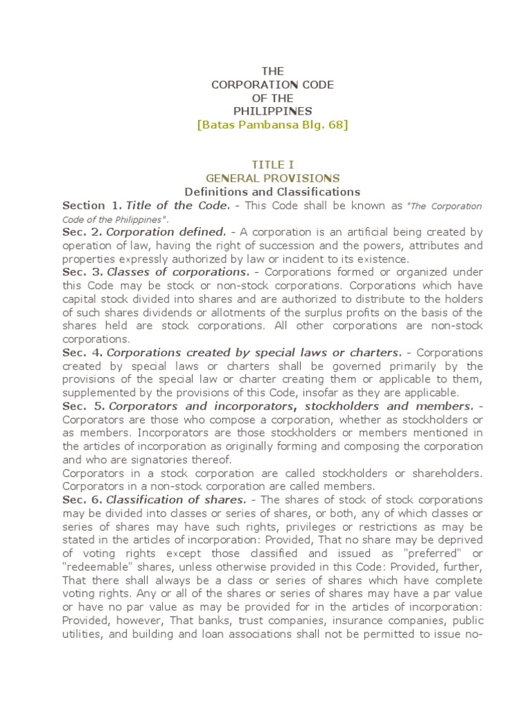 The Corporation Code of Philippines | PDF | Corporations | Preferred Stock