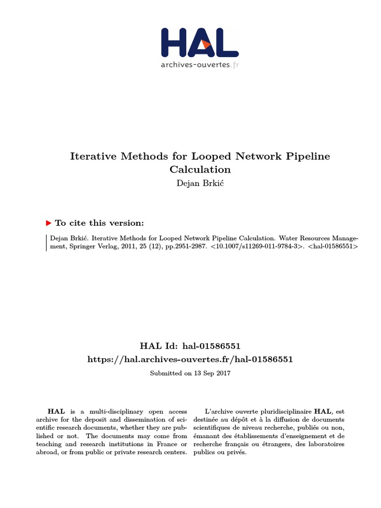 Iterative Methods For Looped Network Pipeline Calculation: To Cite This Version | Download Free ...