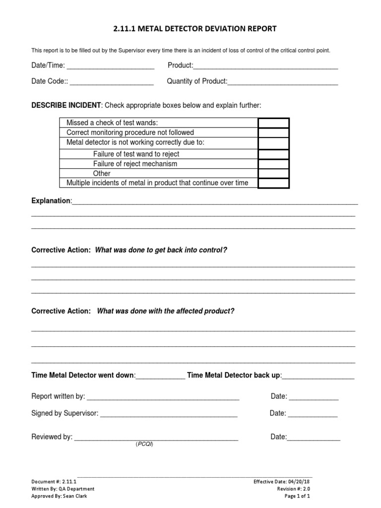 Metal Detector Deviation Report Template | PDF