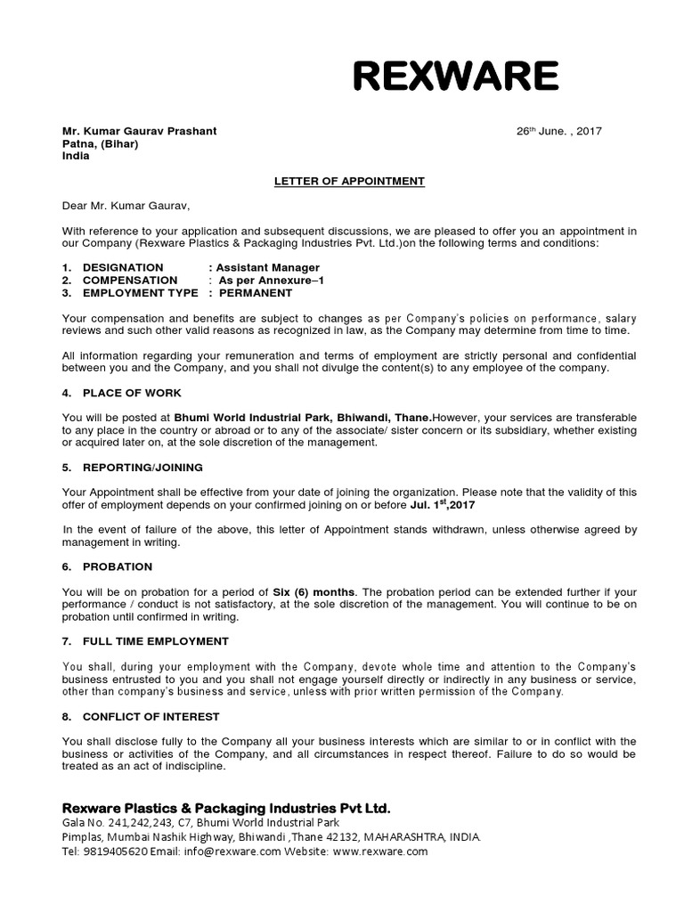 Offer Letter - Kumar Gaurav | PDF | Employment | Common Law