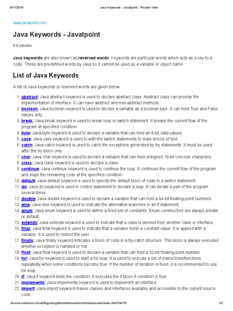 Java Keywords - Javatpoint - Reader View | PDF | Control Flow | Java (Programming Language)