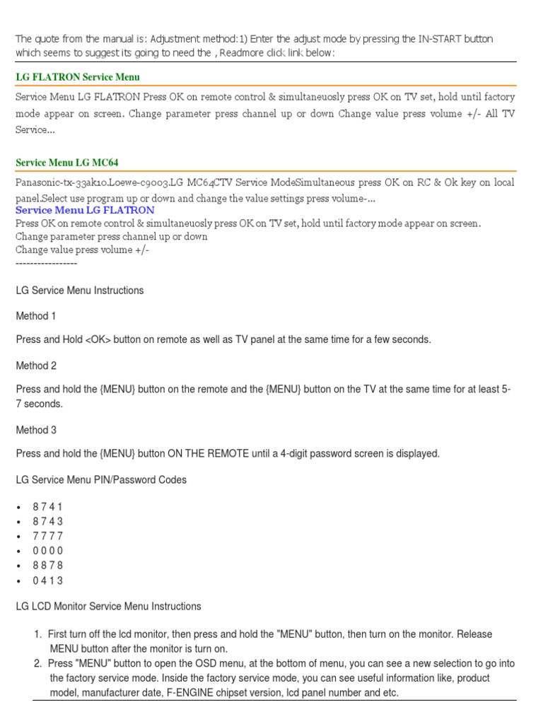 Accessing and Navigating the LG TV Service Menu: Instructions for ...
