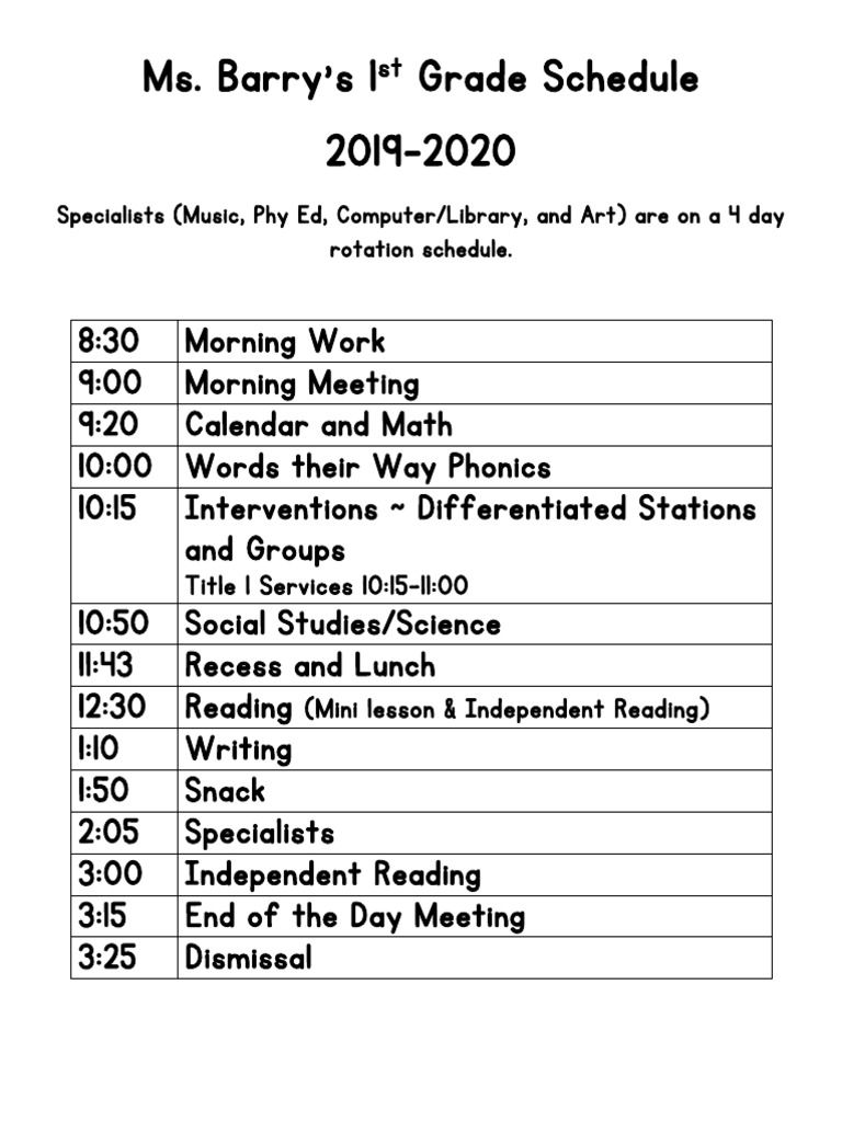Ms. Barry's 1st Grade Daily Schedule | PDF | Language Arts & Discipline ...