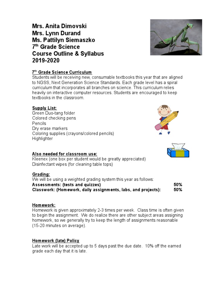 2019 7th Grade Science Syllabus | PDF | Homework | Curriculum