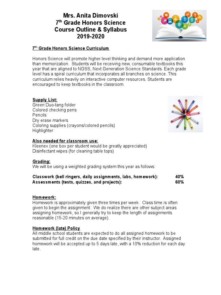 Mrs. Anita Dimovski 7 Grade Honors Science Course Outline & Syllabus ...