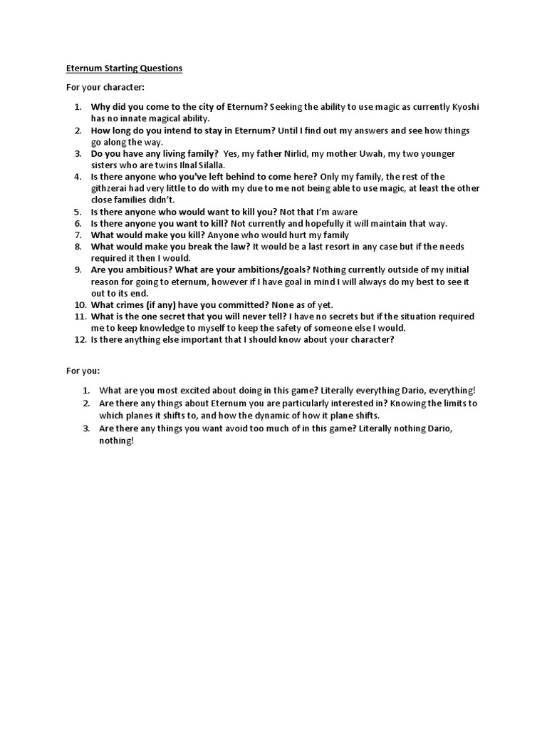 Eternum Character Starting Questions | PDF