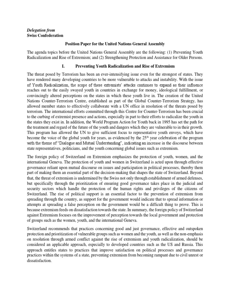 Model United Nations Position Paper UNGA Swiss Confederation | PDF ...